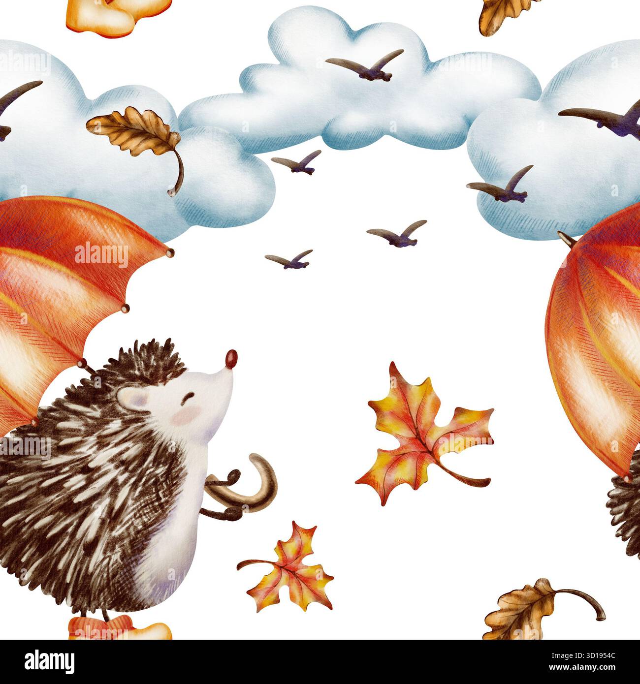 Autumn seamless pattern-Fluffy hedgehog with an orange umbrella and in ...