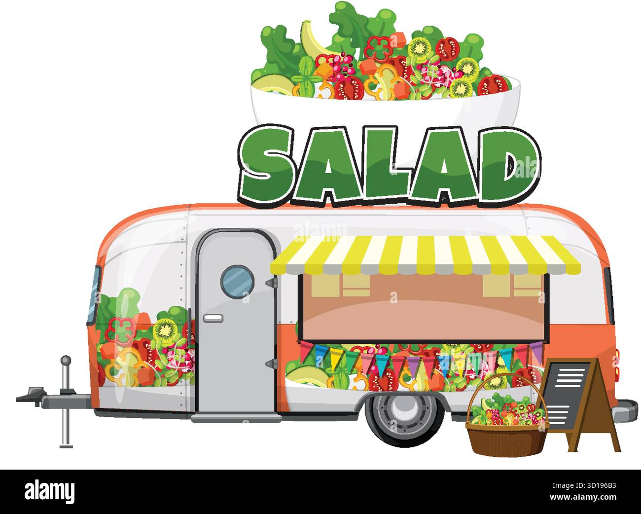 Colorful vector of salad food truck with fresh vegetables, striped ...