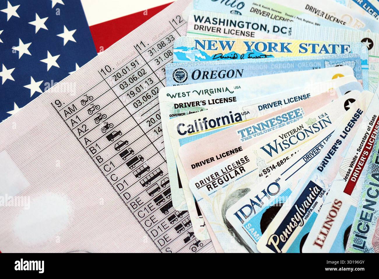 Big amount of driving licenses from different USA states on flag close ...