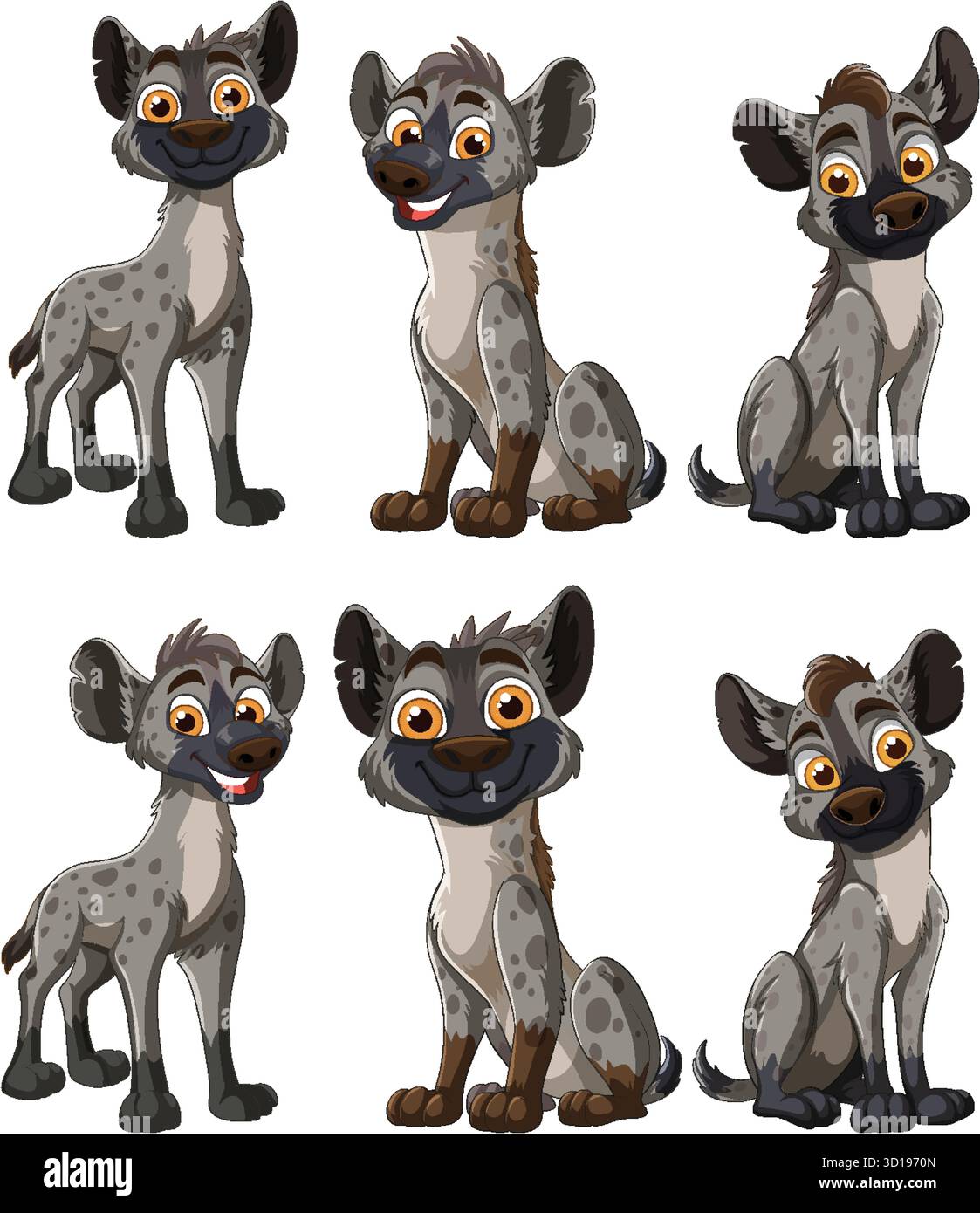 Cartoon vector illustration of four playful spotted hyenas in various ...