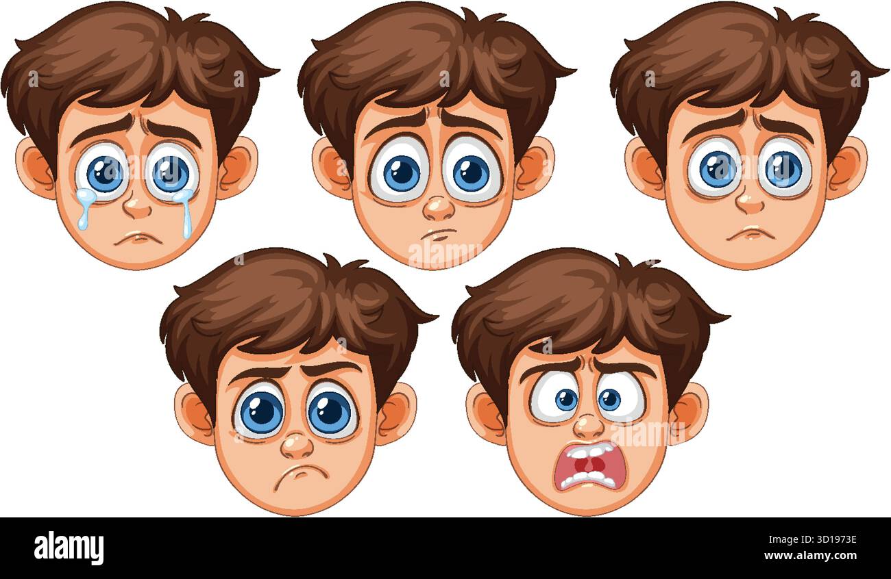 Vector illustration of boyâ s face showing sadness, worry, and fear in ...