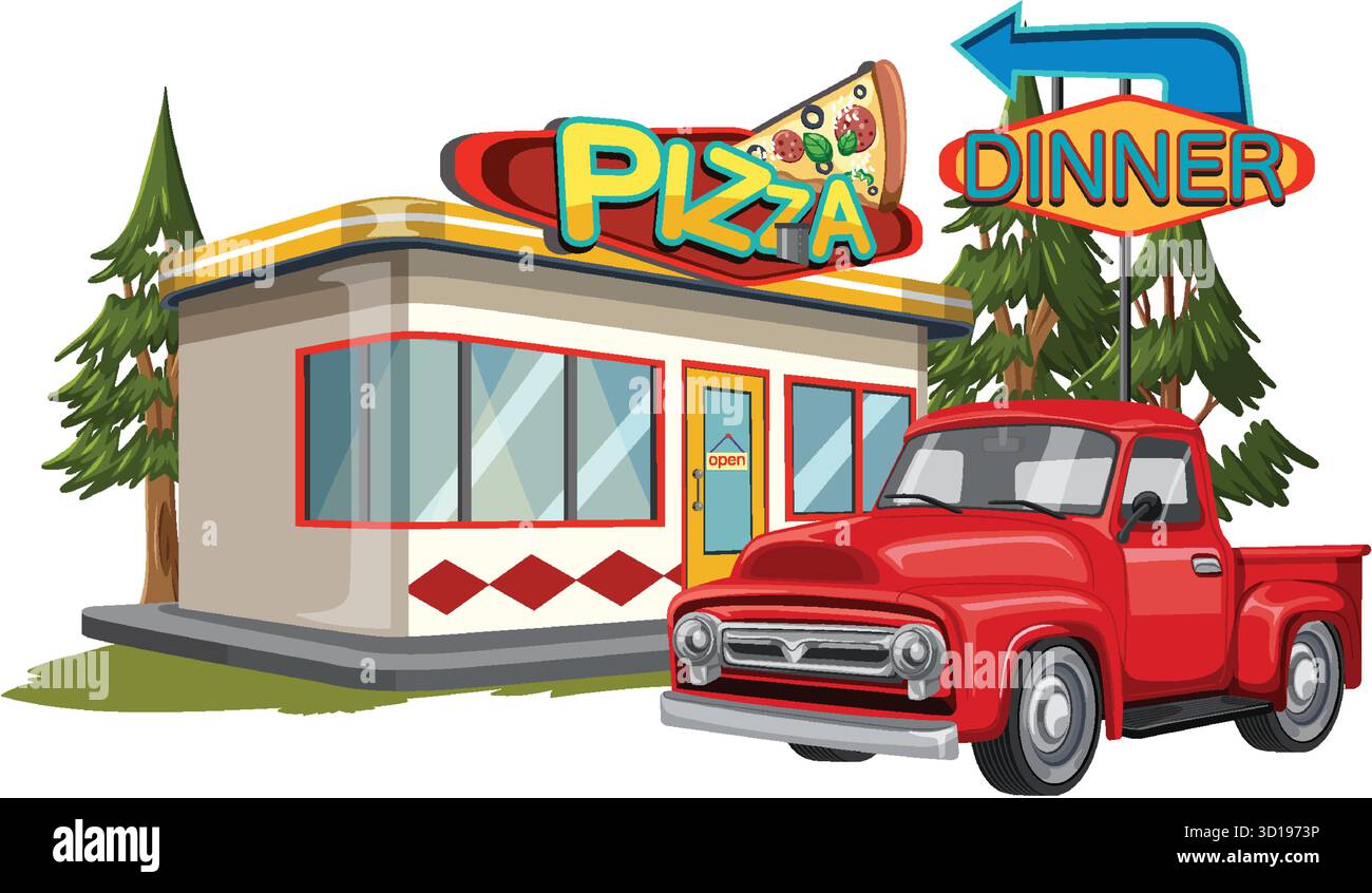 Vector illustration of classic pizza diner with red pickup truck, bold ...