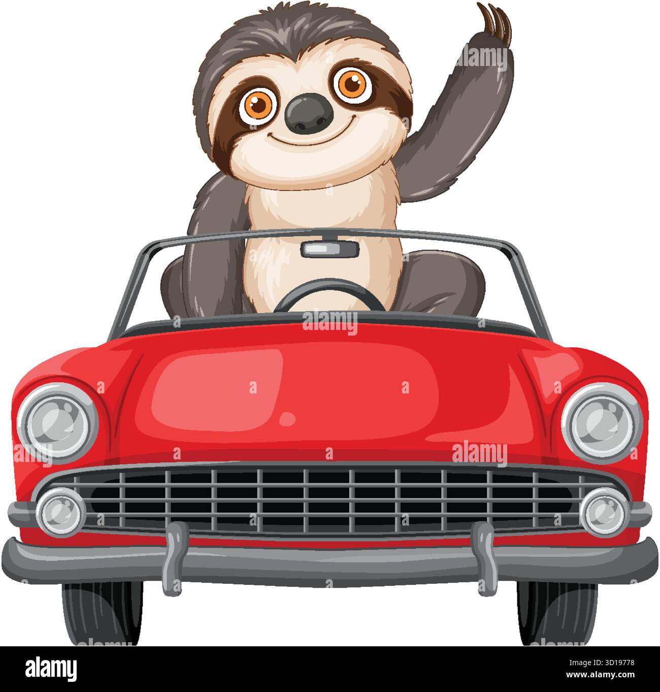 Cartoon sloth waves while driving red convertible, front view, bright ...