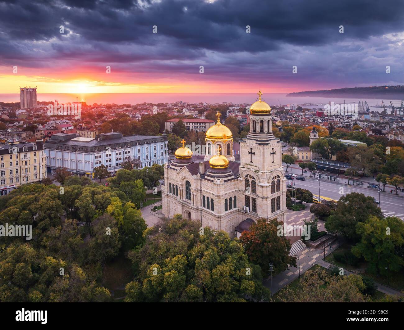 Sunrise above Varna city, Bulgaria and The Cathedral of the Assumption ...