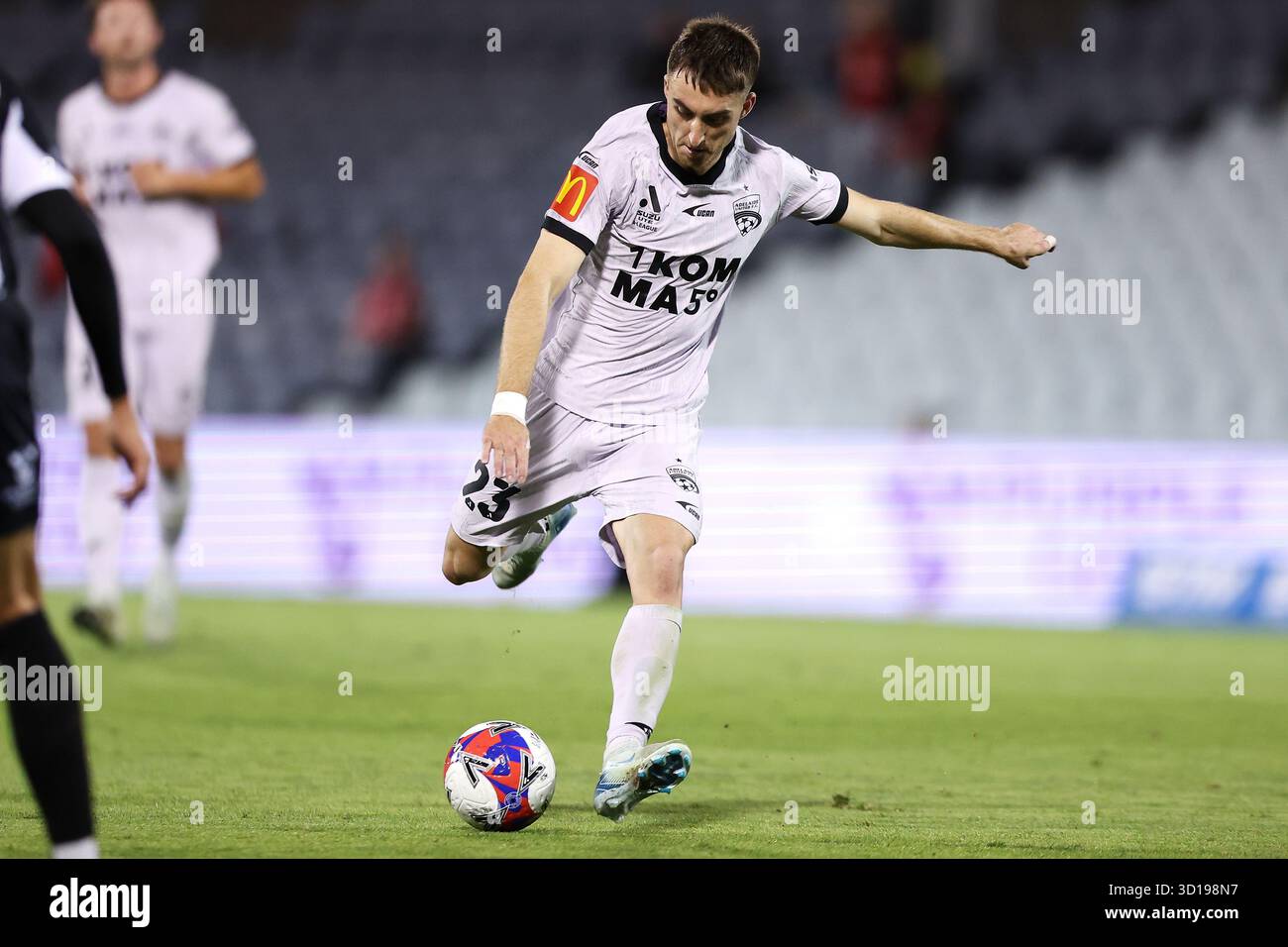Luke Duzel of Adelaide United FC shoots at goal during the A-League ...