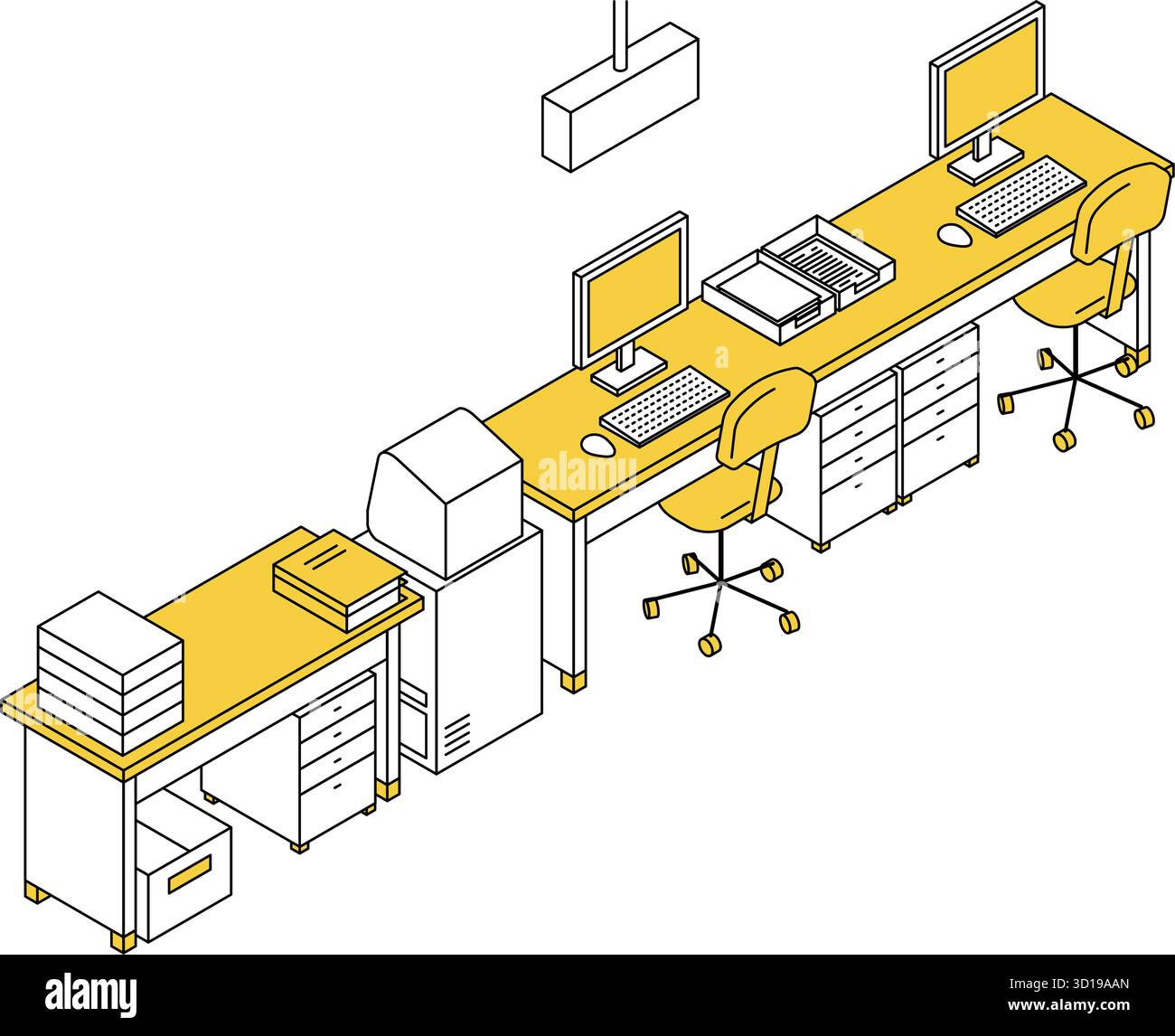 Simple line drawing isometric illustration of a reception counter lined ...