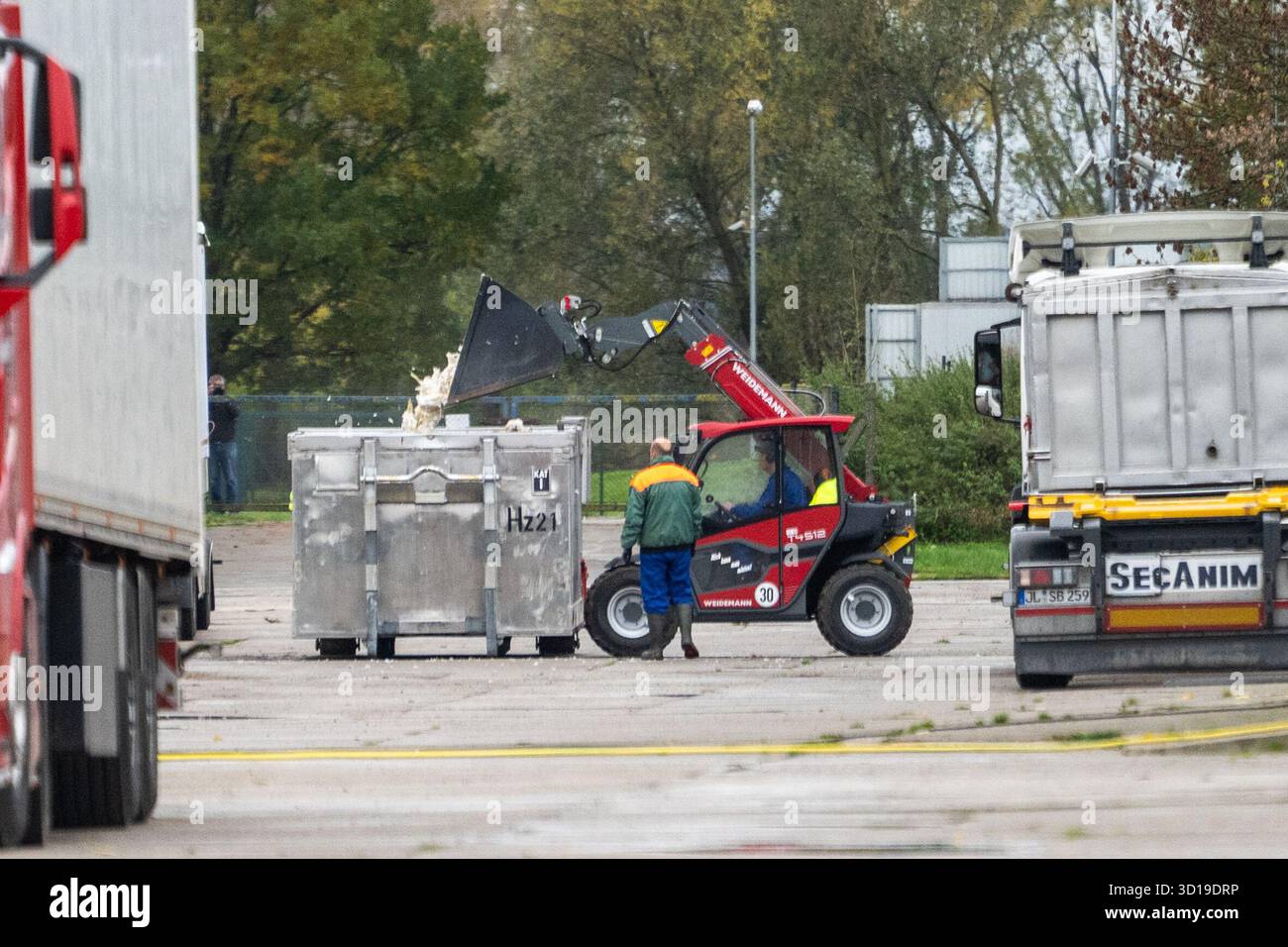 Neutrebbin, Germany. 27th Oct, 2025. A wheel loader loads dead poultry ...
