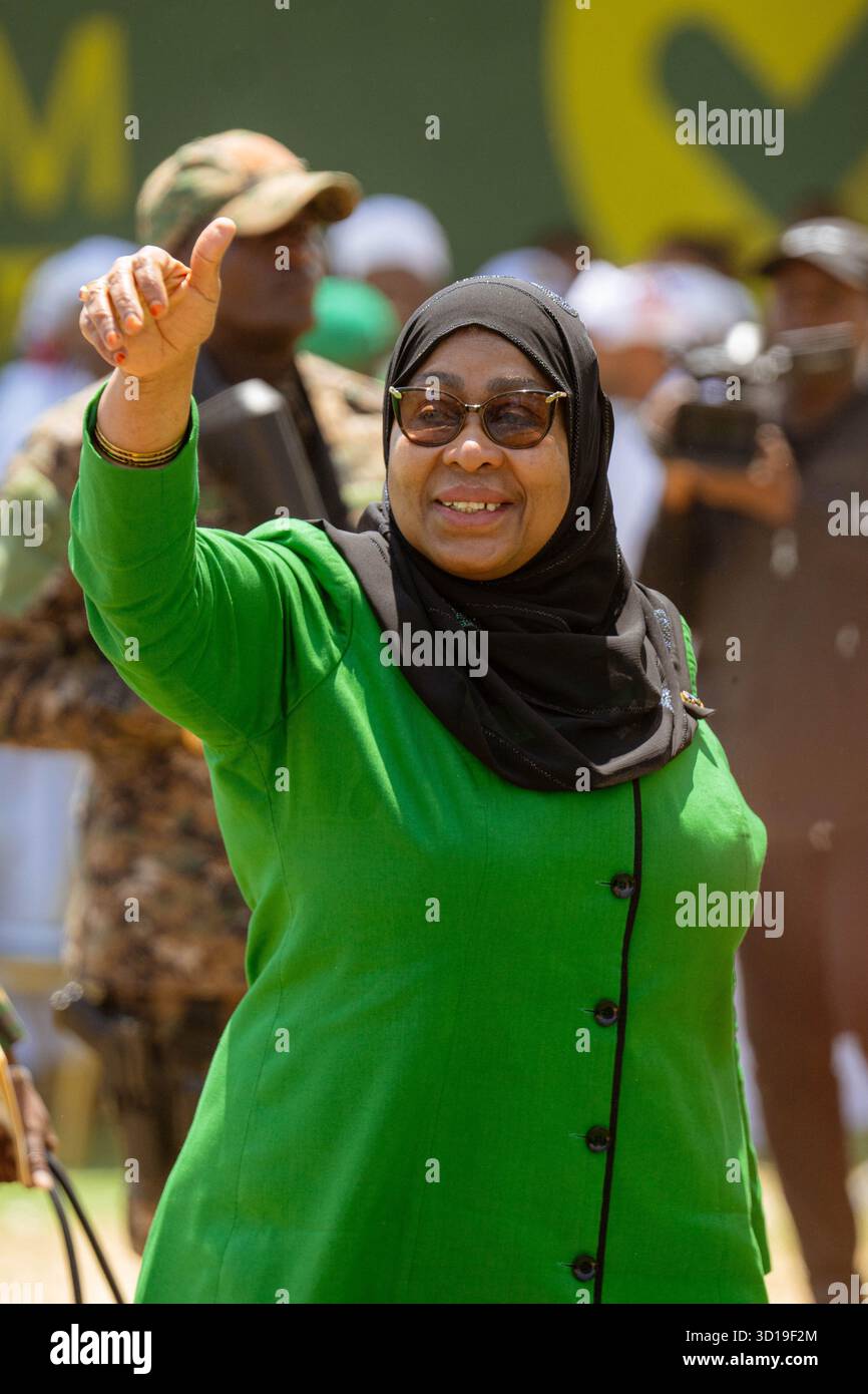 Tanzanian President Samia Suluhu Hassan arrives for a campaign rally ...