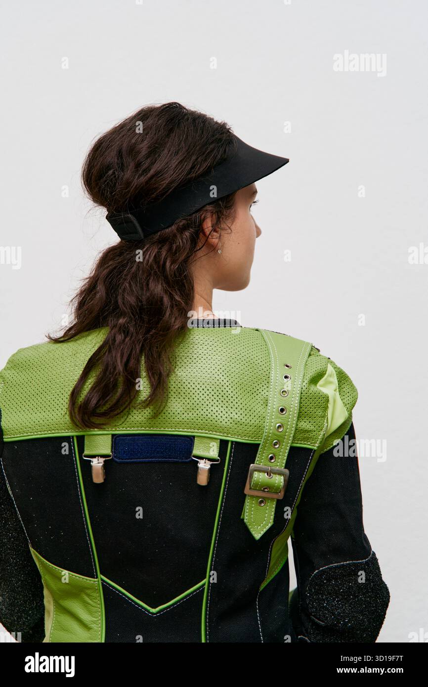 Woman in Shooting Jacket and Visor, Back View, Isolated on White ...