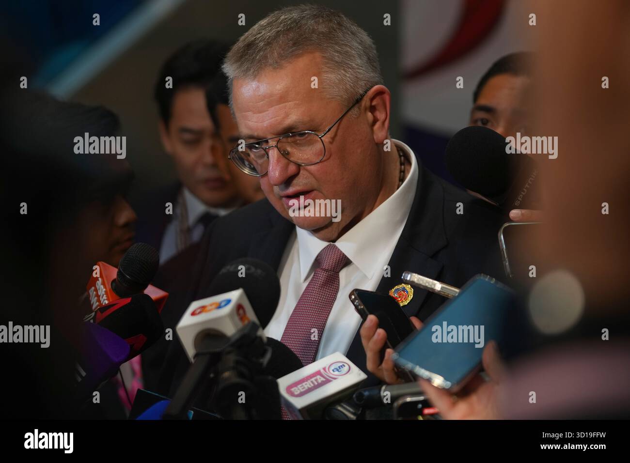 Russia's Deputy Prime Minister Alexey Overchuk speaks to journalists ...