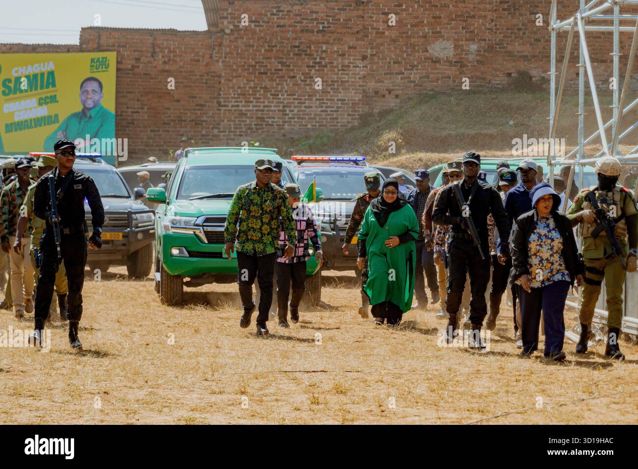 Tanzanian President Samia Suluhu Hassan arrives for a campaign rally ...