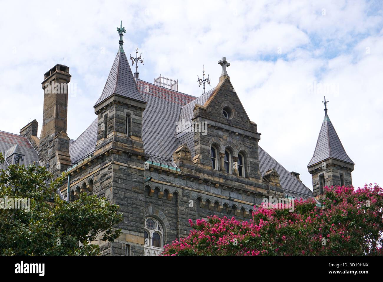 Detail of the Gothic architecture style roof with its historic towers ...