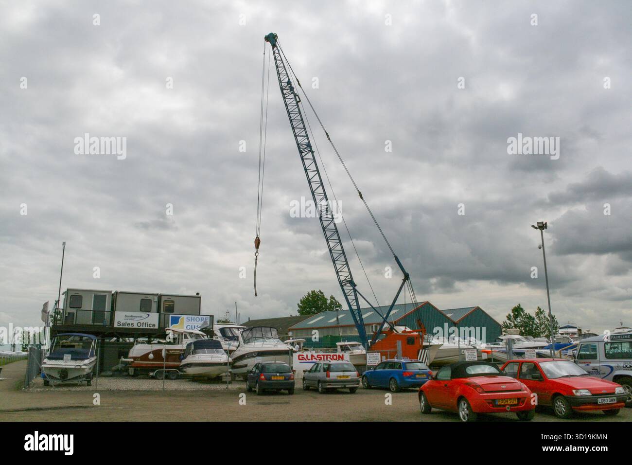 Boatyard crane and vessels at UK marina. Wallasea Island, Essex, UK ...