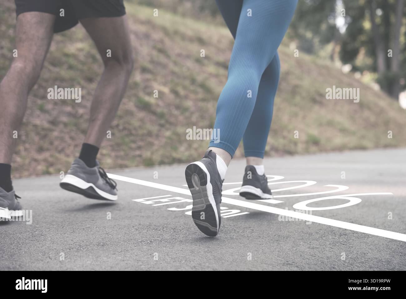 New 2026 Year. Couple running on road with numbers and phrase Let's Go ...