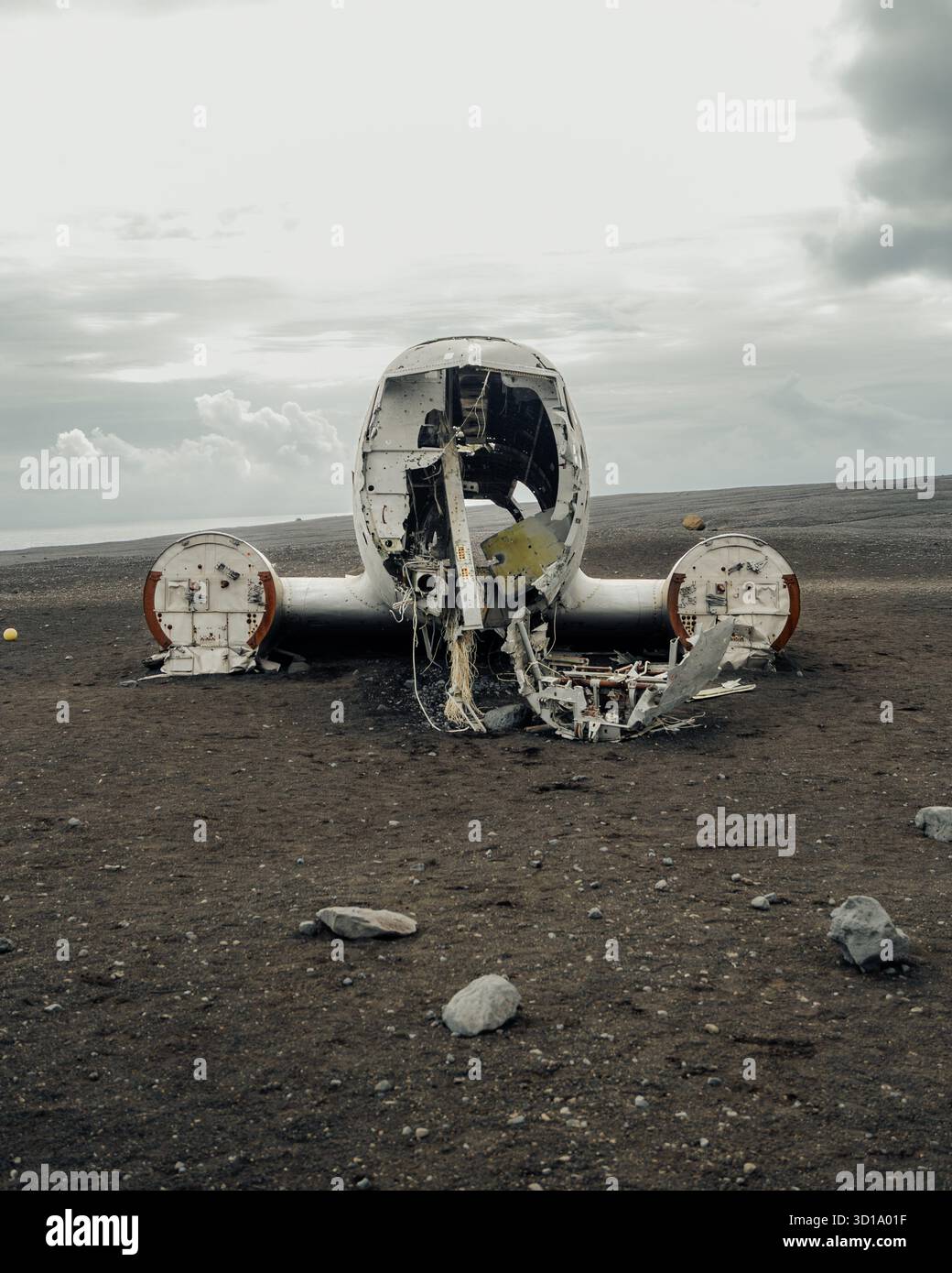 View of the weathered skeleton of a crashed DC-3 airplane rests ...