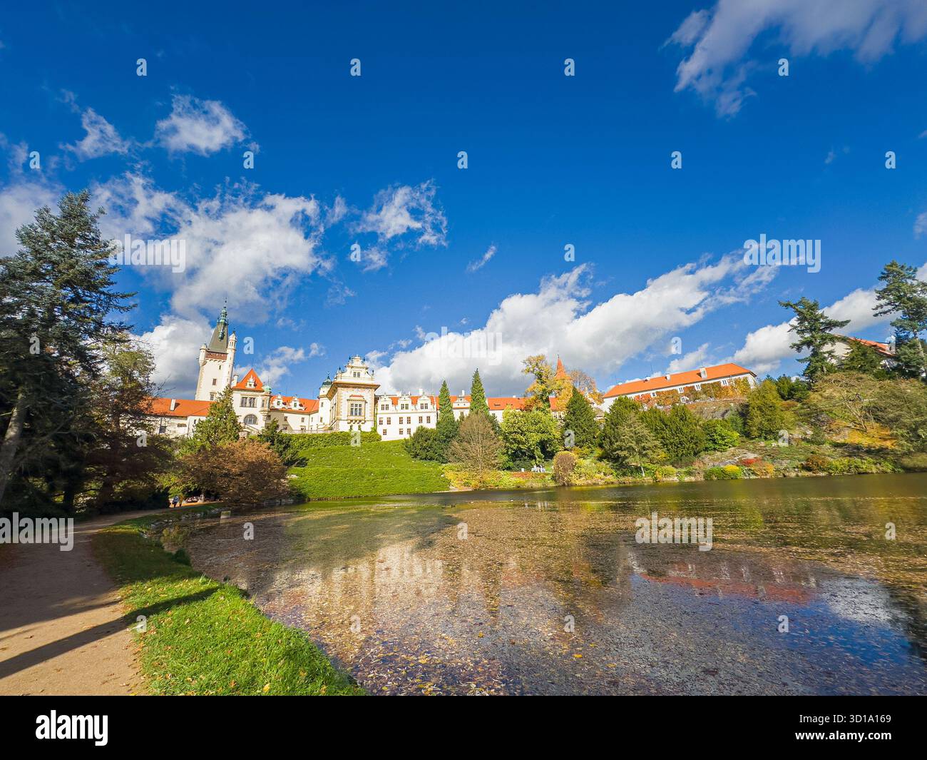 The autumn scenery of Pruhonice Castle and the Podzamecky pond in the ...