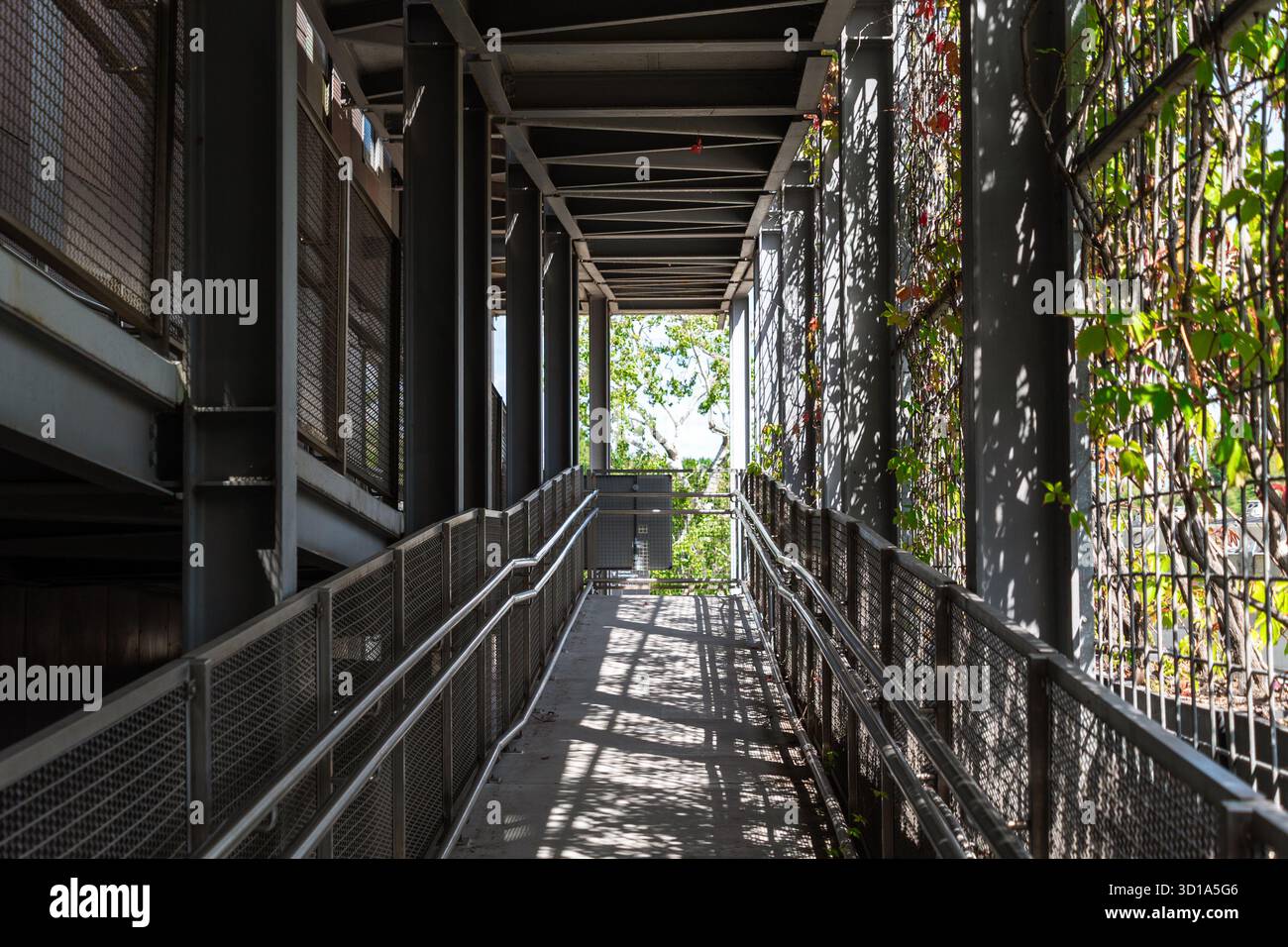 Modern architectural ramp with metal railings and mesh walls ...
