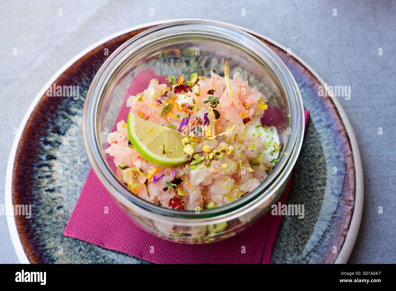 Red Prawn Tartare with Raw Shrimp, Lime, Edible Flowers in Italian ...