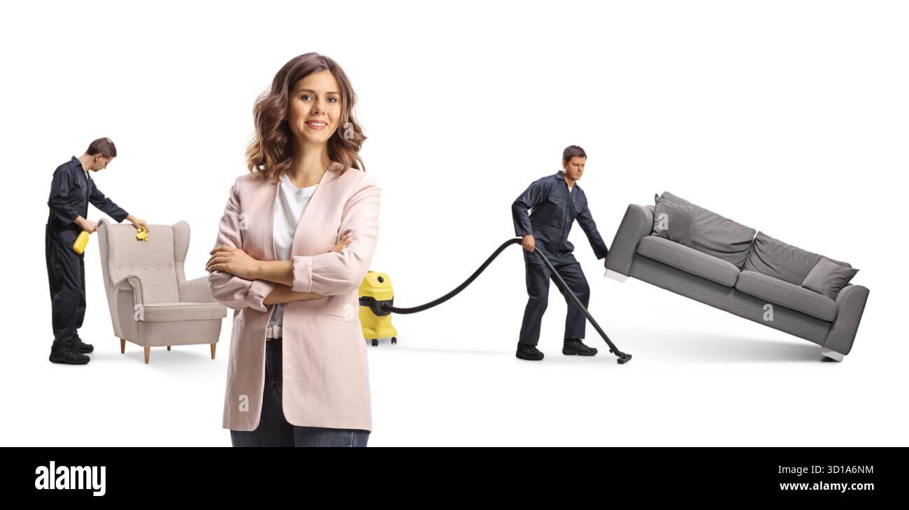 Young woman hiring a cleaning service at home isolated on white ...