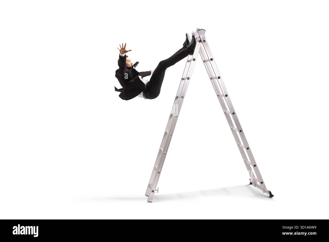 Businessman falling from the top of a ladder isolated on white ...