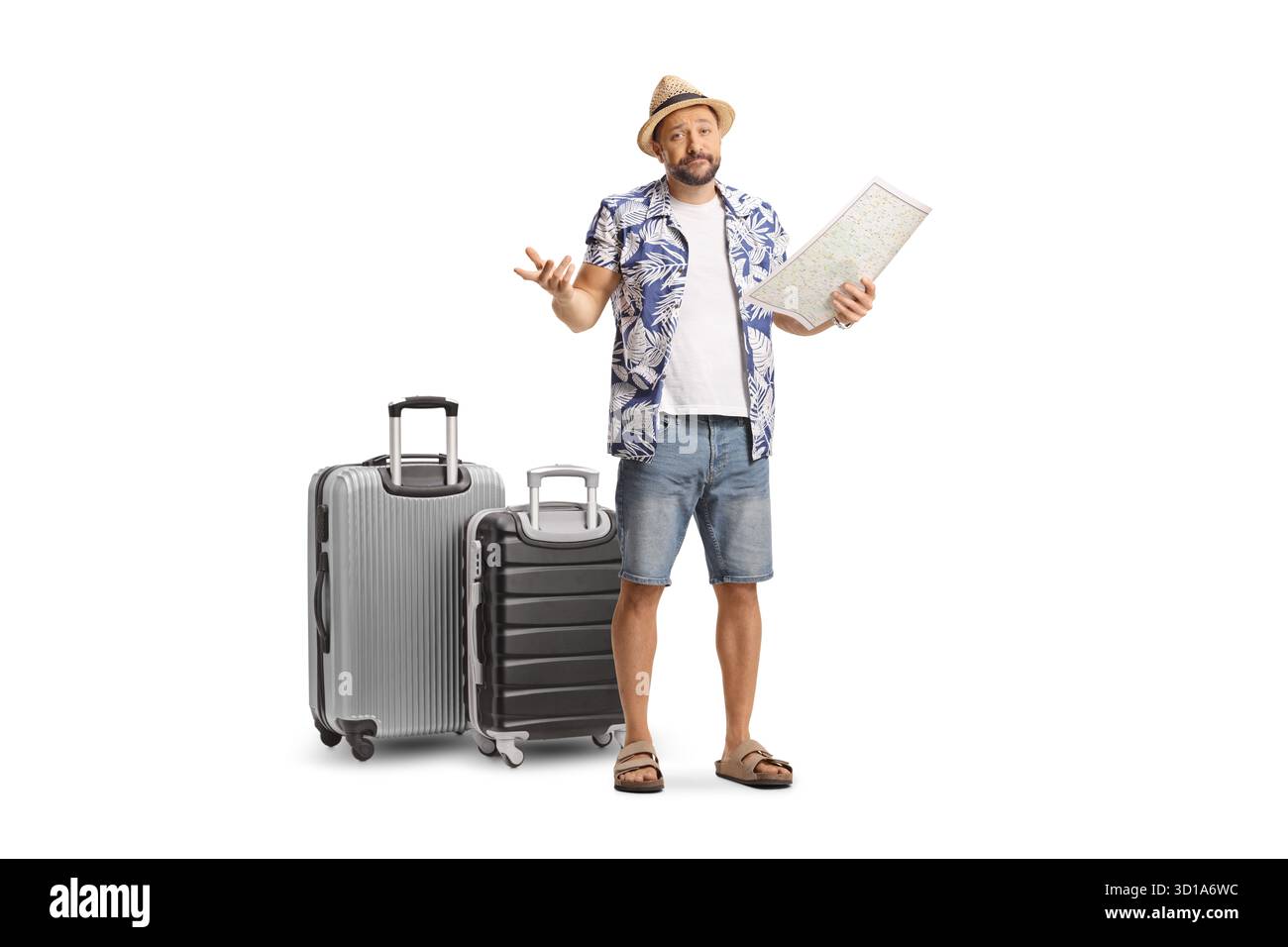 Confused male tourist with suitcases holding a map isolated on white ...