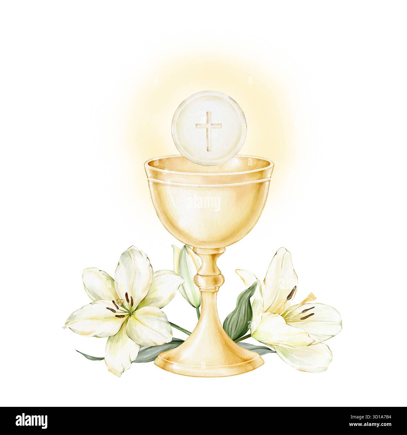 Golden chalice with white lilies and Eucharistic host. Isolated ...