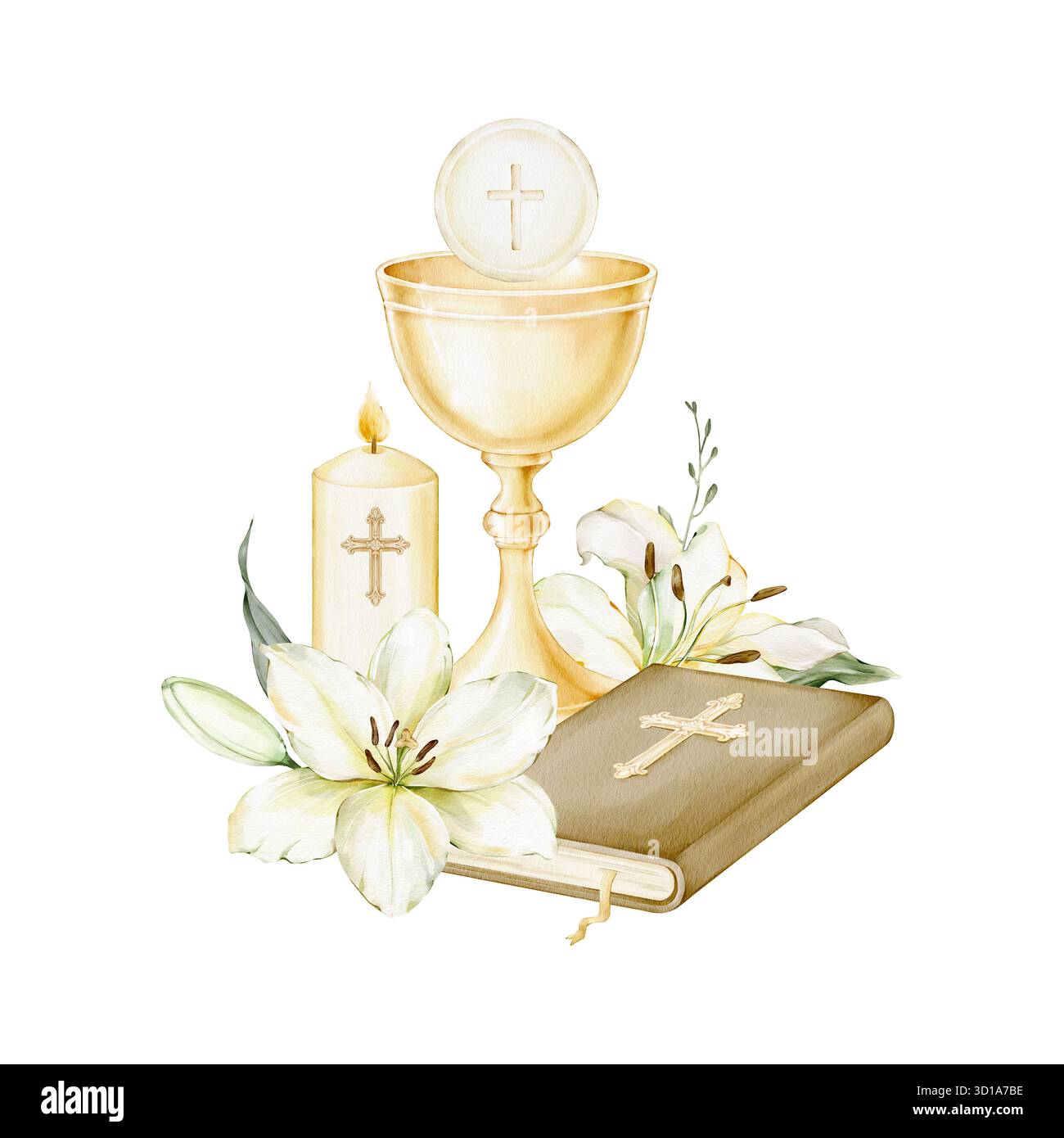 Golden chalice, Eucharistic host, white lilies, candle, and Bible ...