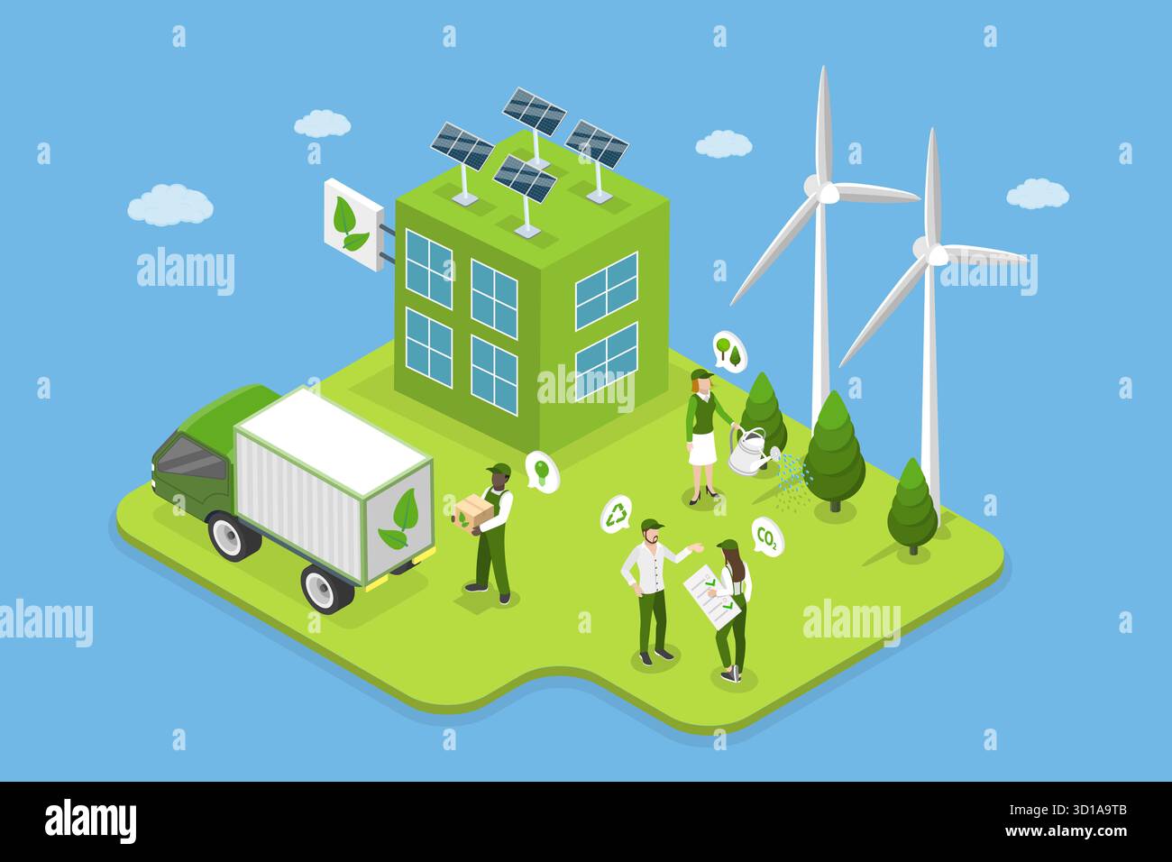 3D Isometric Flat Illustration of Sustainable And Ecological Company ...