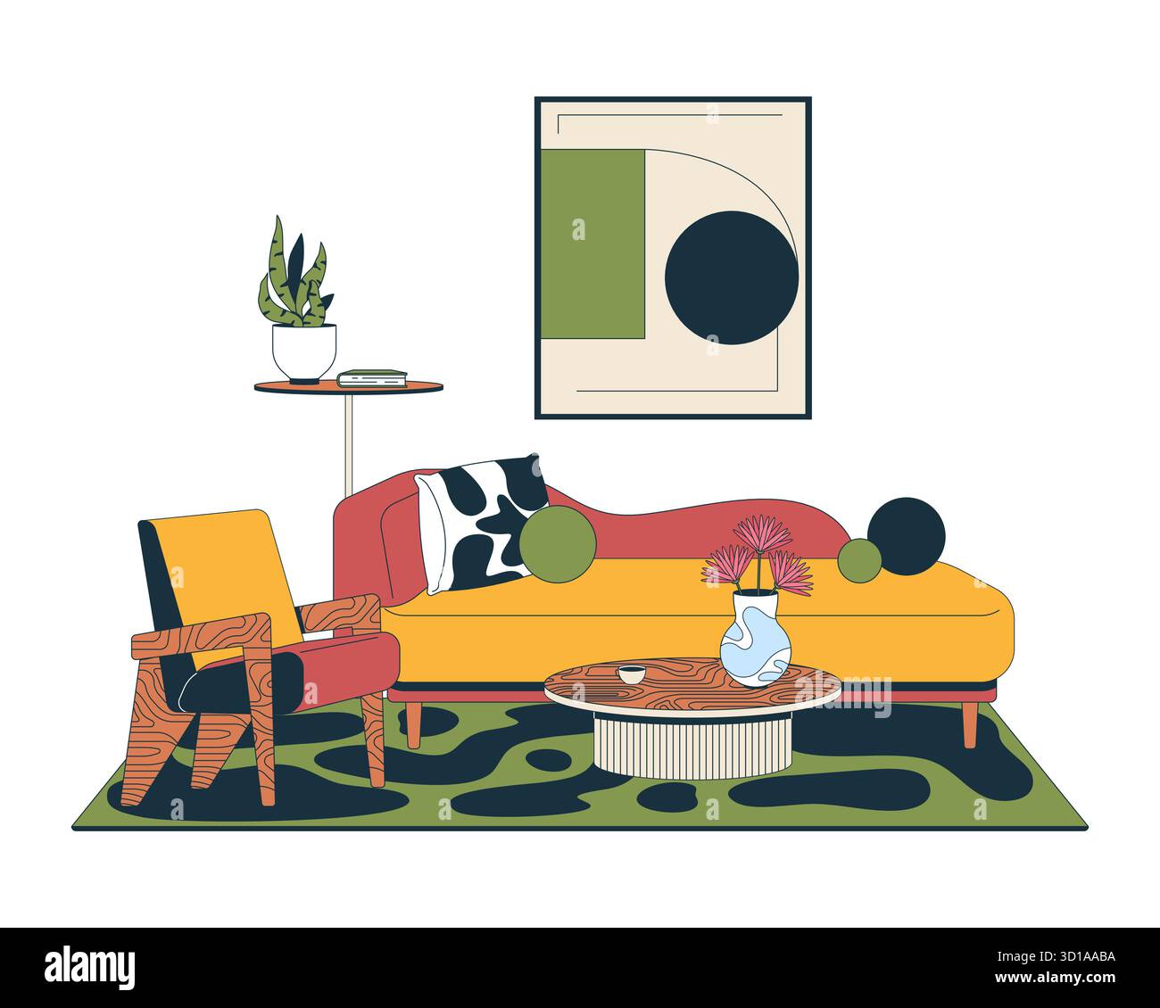 Lounge livingroom couch and armchair 2D vector illustration Stock ...