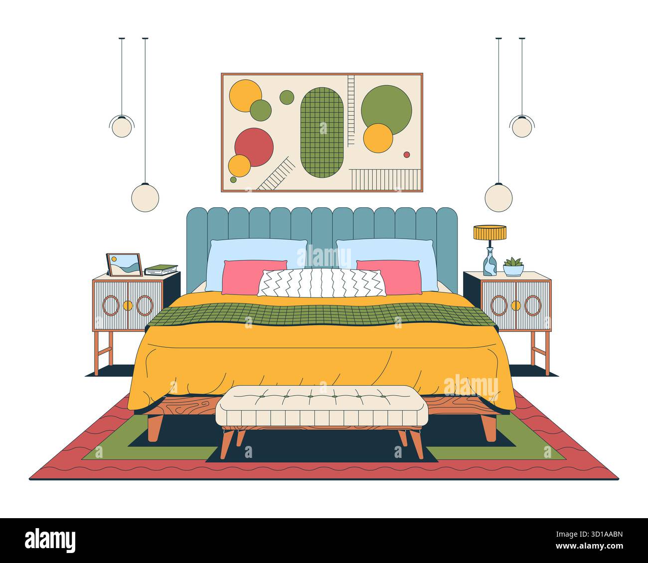 Eclectic bedroom with decorative art and cozy textiles 2D vector ...