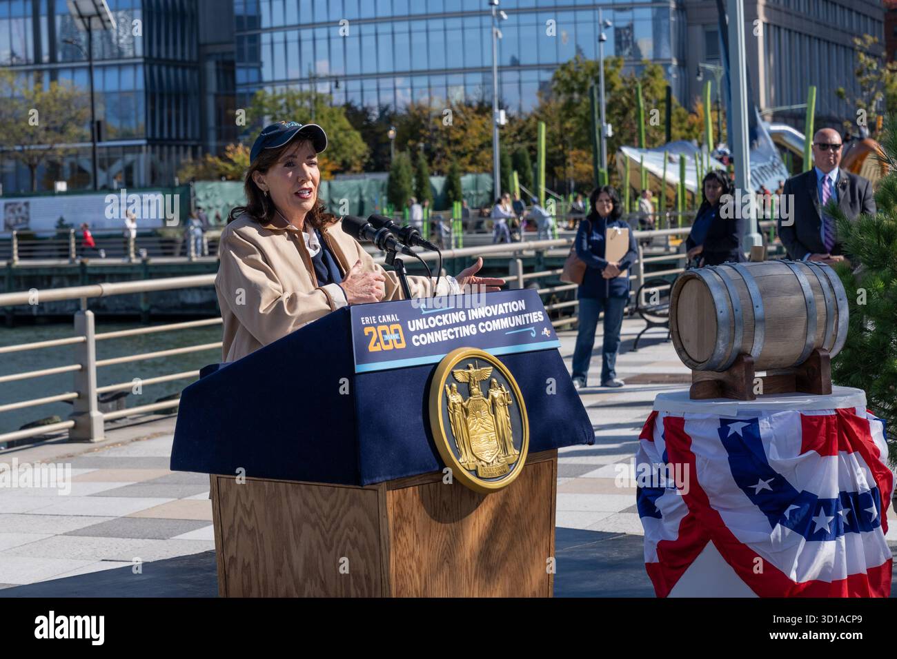 Governor Kathy Hochul speaks during ceremony of arrival of Seneca Chief ...
