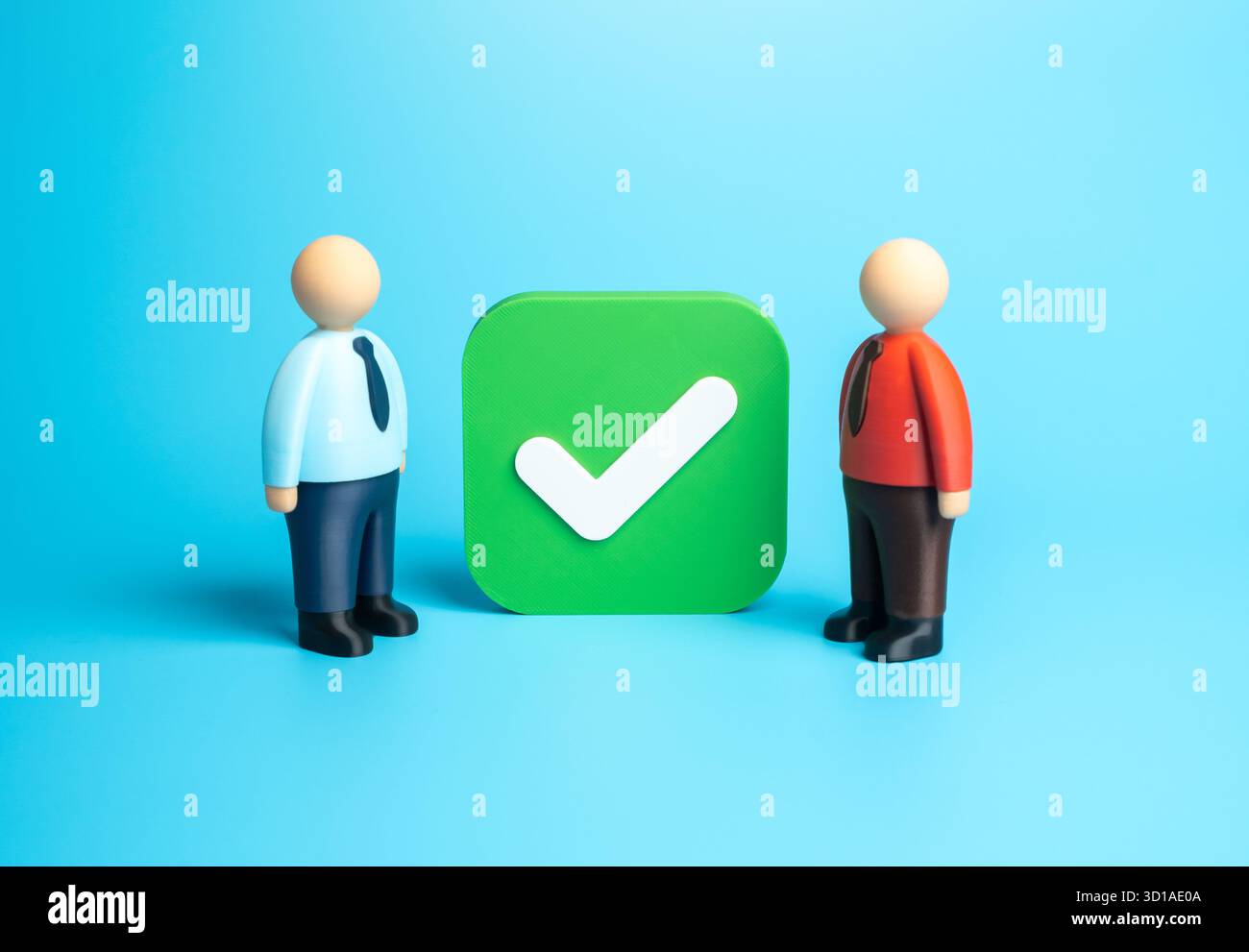 Two office workers near a huge checkbox. Agreement and consent ...