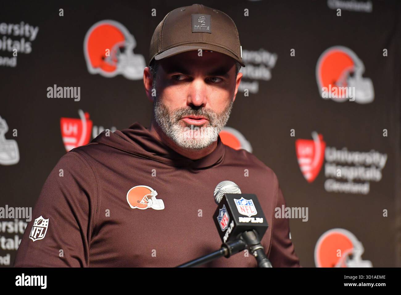 Cleveland Browns head coach Kevin Stefanski faces reporters following ...