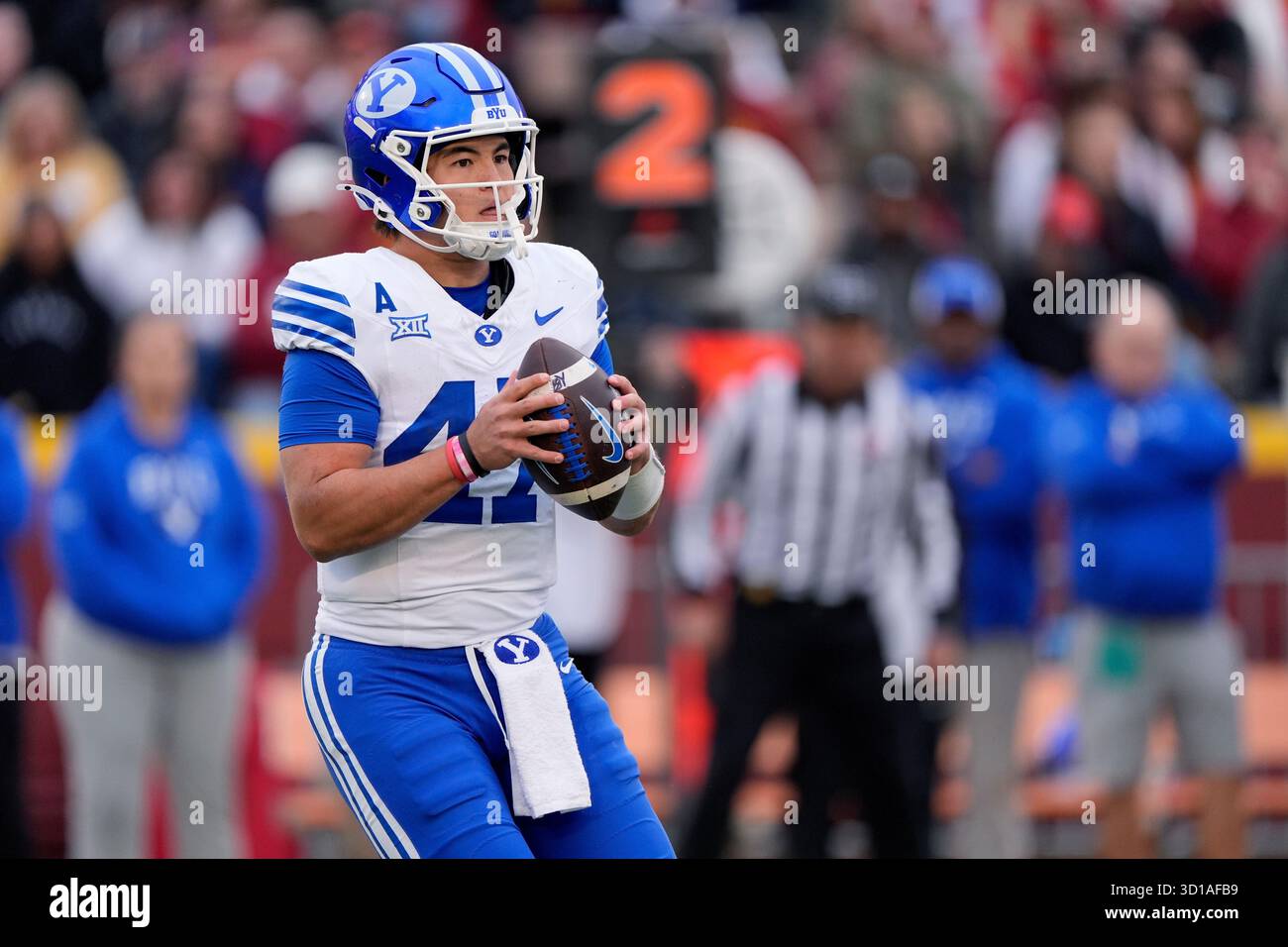 BYU quarterback Bear Bachmeier (47) looks for a receiver during the first half of an NCAA ...