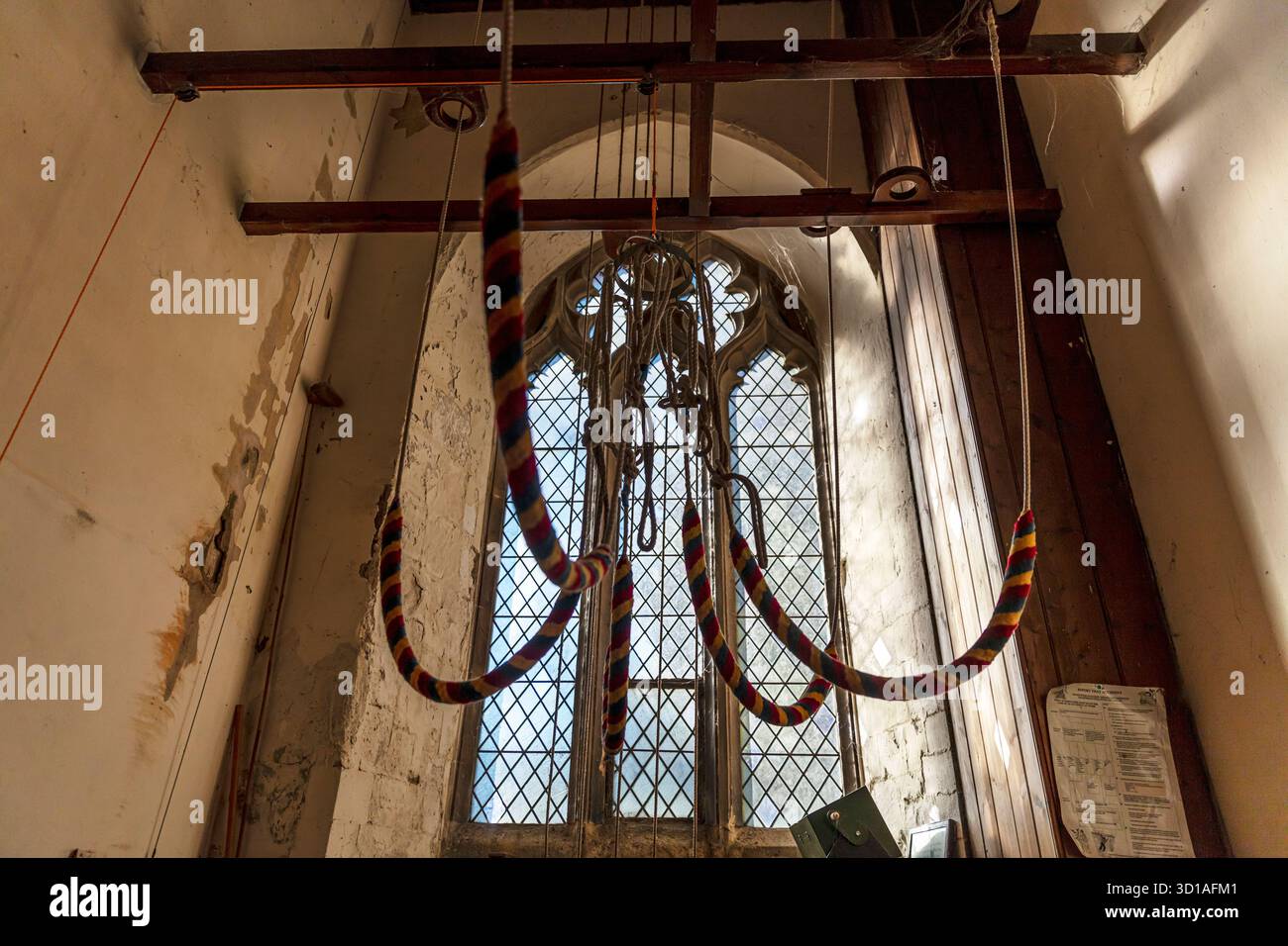 Church bell ropes, Legbourne Village church, Lincolnshire, UK, England ...