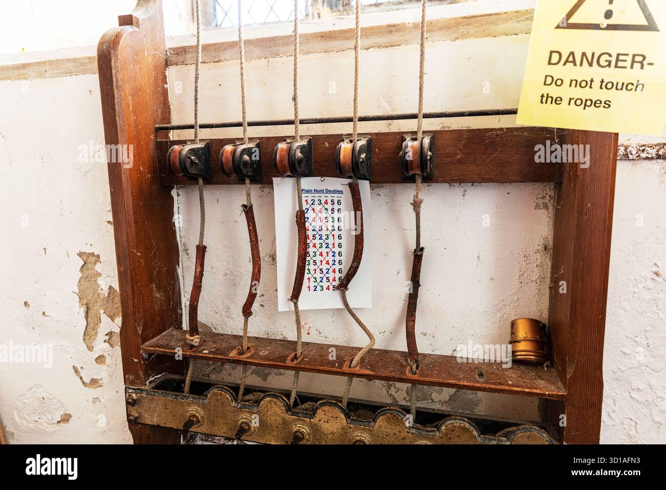 Church bell ropes, Legbourne Village church, Lincolnshire, UK, England ...