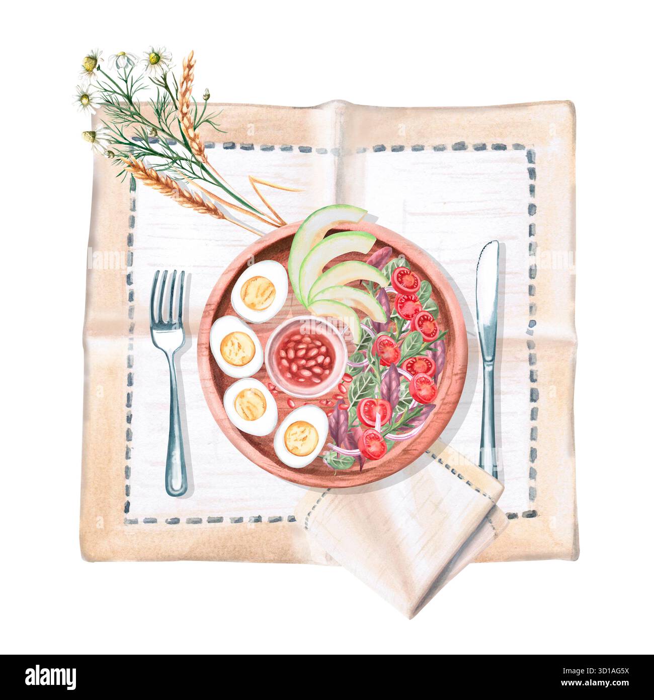 Composition with rustic served breakfast. Isolated watercolor ...
