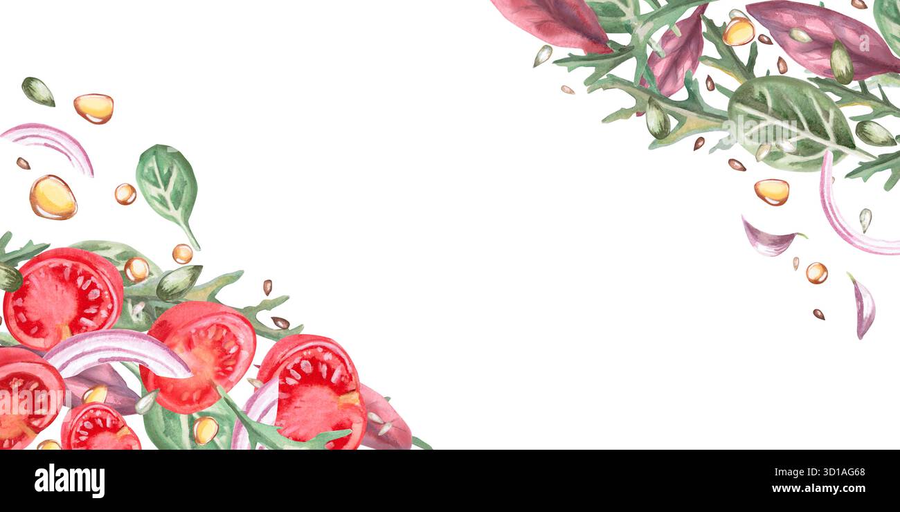 Rectangular frame with juicy tomatoes slices and greens. Isolated ...