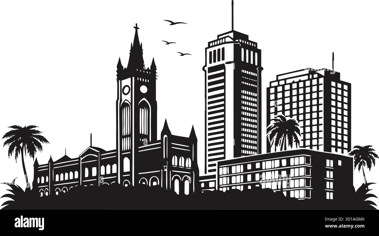 High resolution black and white city skyline silhouette with ...