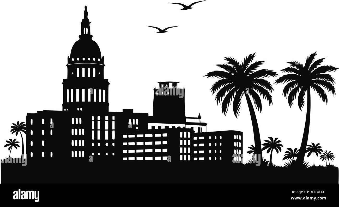 High resolution black and white city skyline silhouette with ...