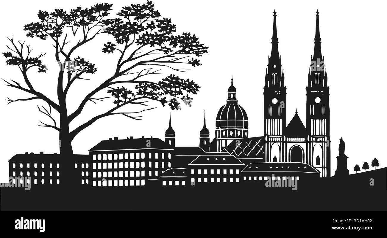 High resolution black and white city skyline silhouette design with ...