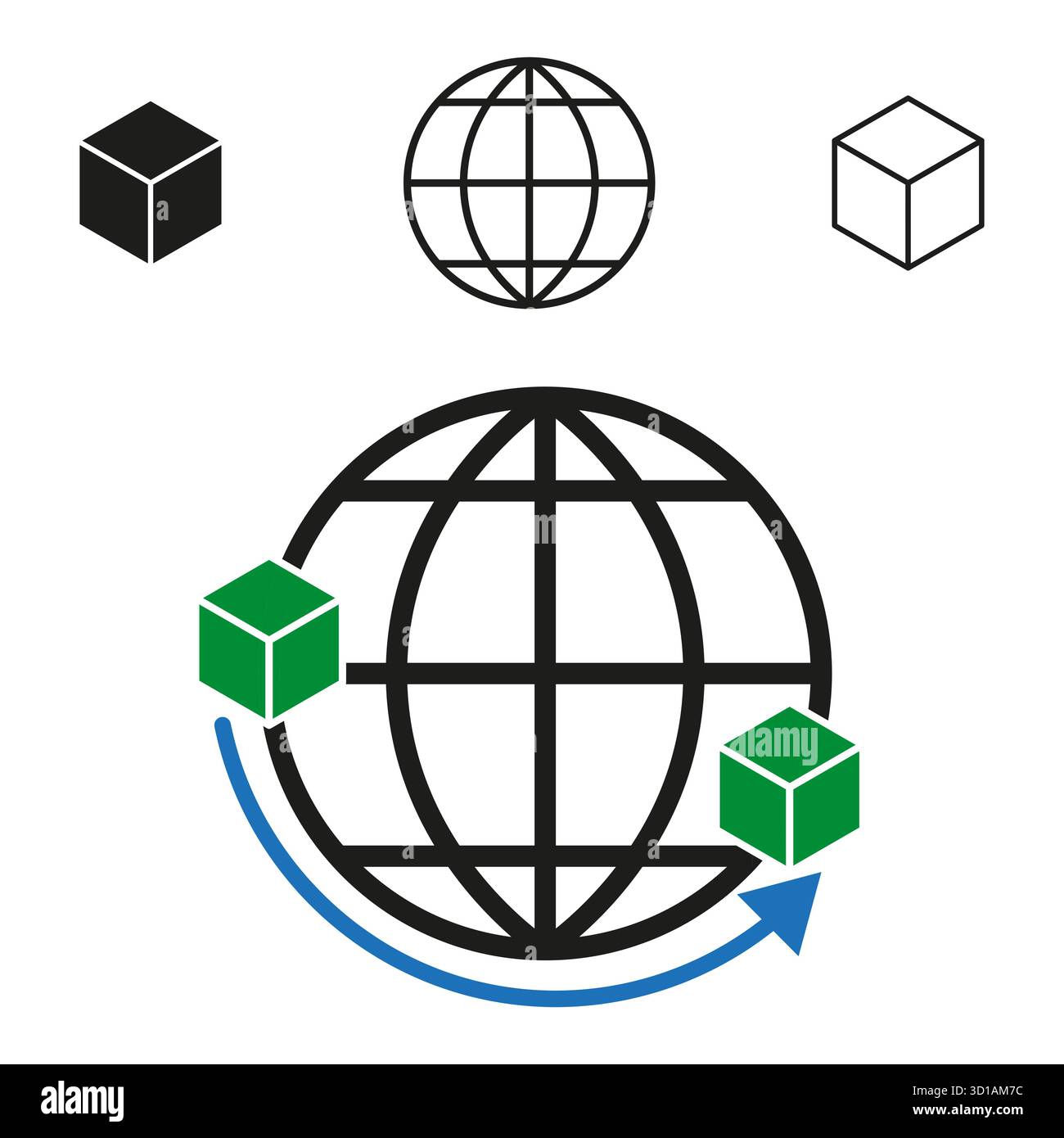 Global logistics icon. Spinning earth cubes. Green blue arrow. Vector ...