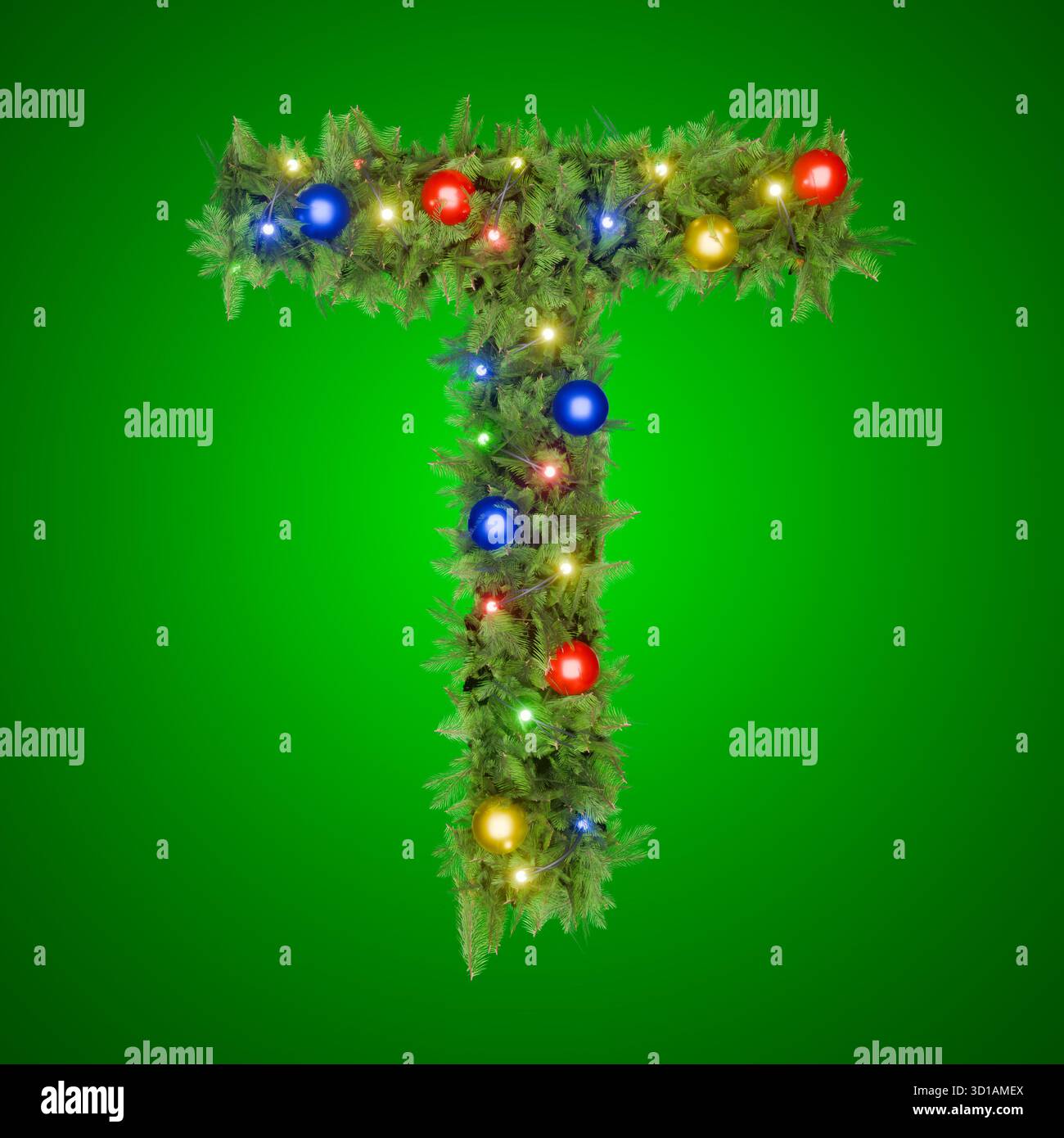 A letter T outlined in Christmas lights on a green background Stock ...