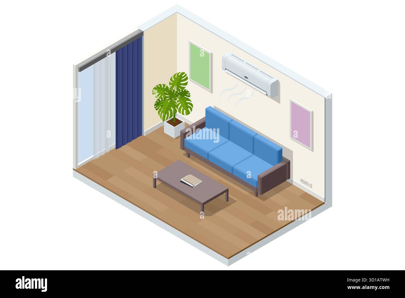 Isometric living room interior with split air conditioner and outdoor ...