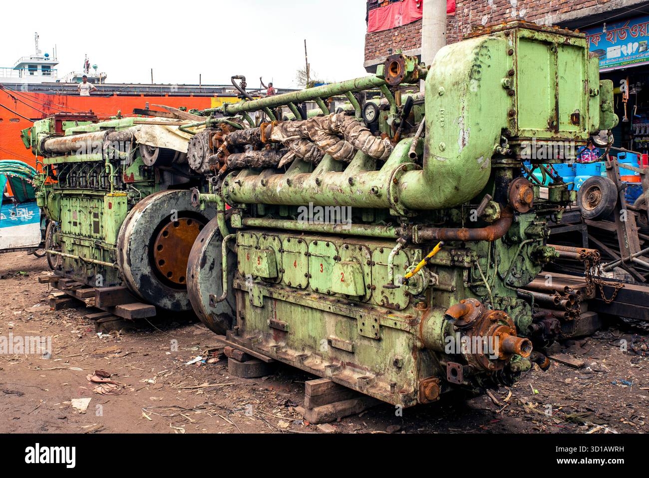 Weathered Green Industrial Engine Assembly Outdoors At A Waterfront ...
