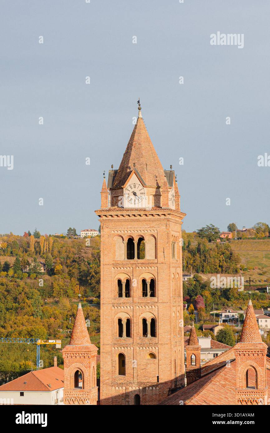 Focused aerial photograph of Alba Cathedral's impressive bell tower ...
