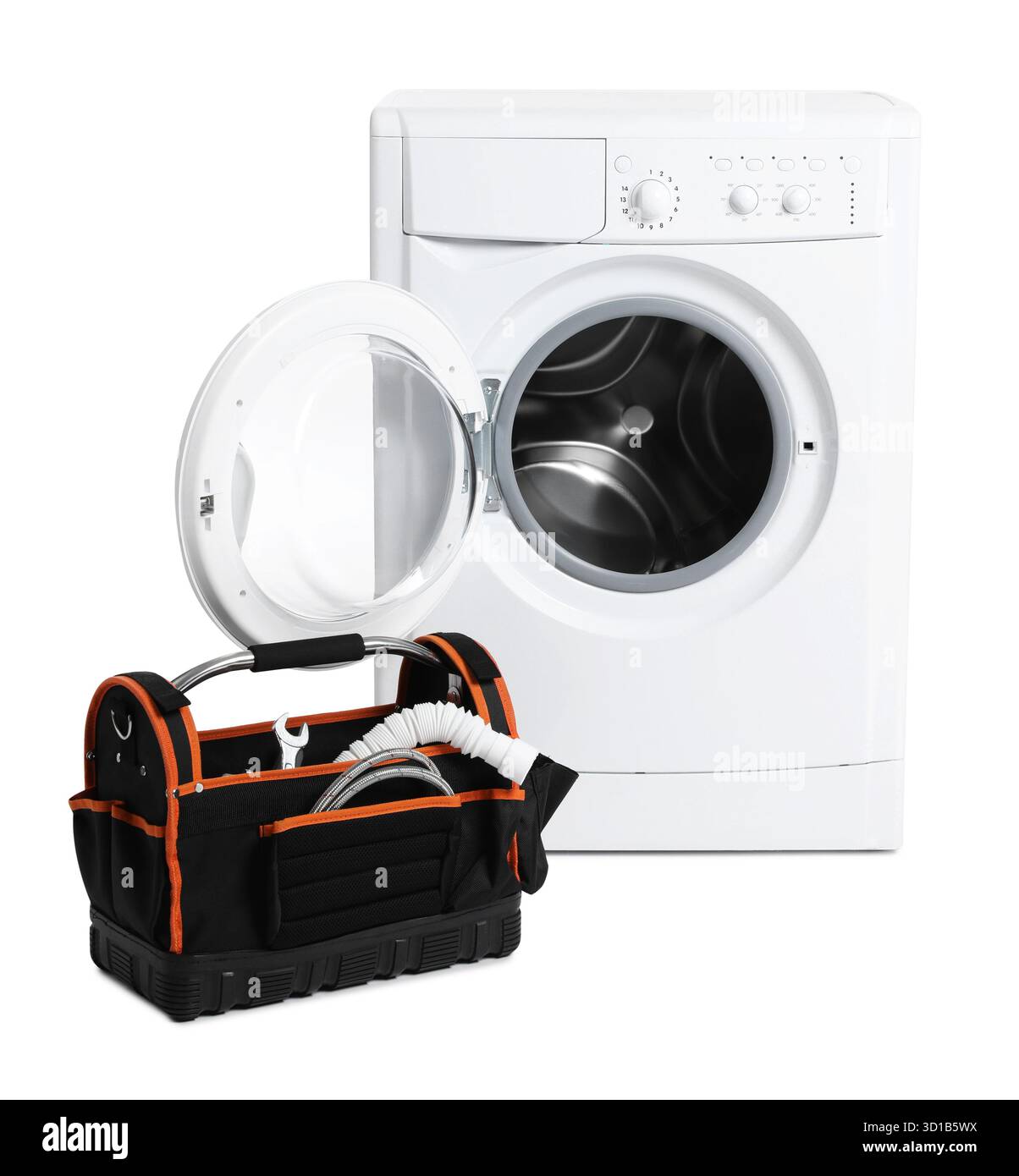 Broken washing machine and bag with tools isolated on white Stock Photo ...