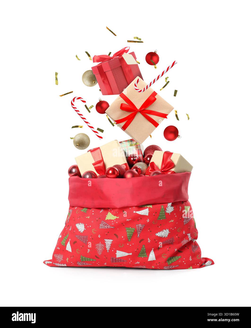 Christmas balls, gift boxes, candy canes and confetti falling into red ...
