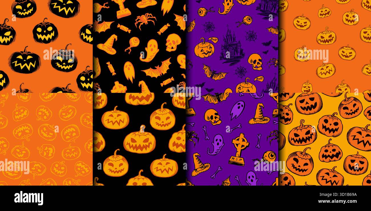 Halloween hand drawn seamless patterns. Cross rip and bat, dead eye and ...