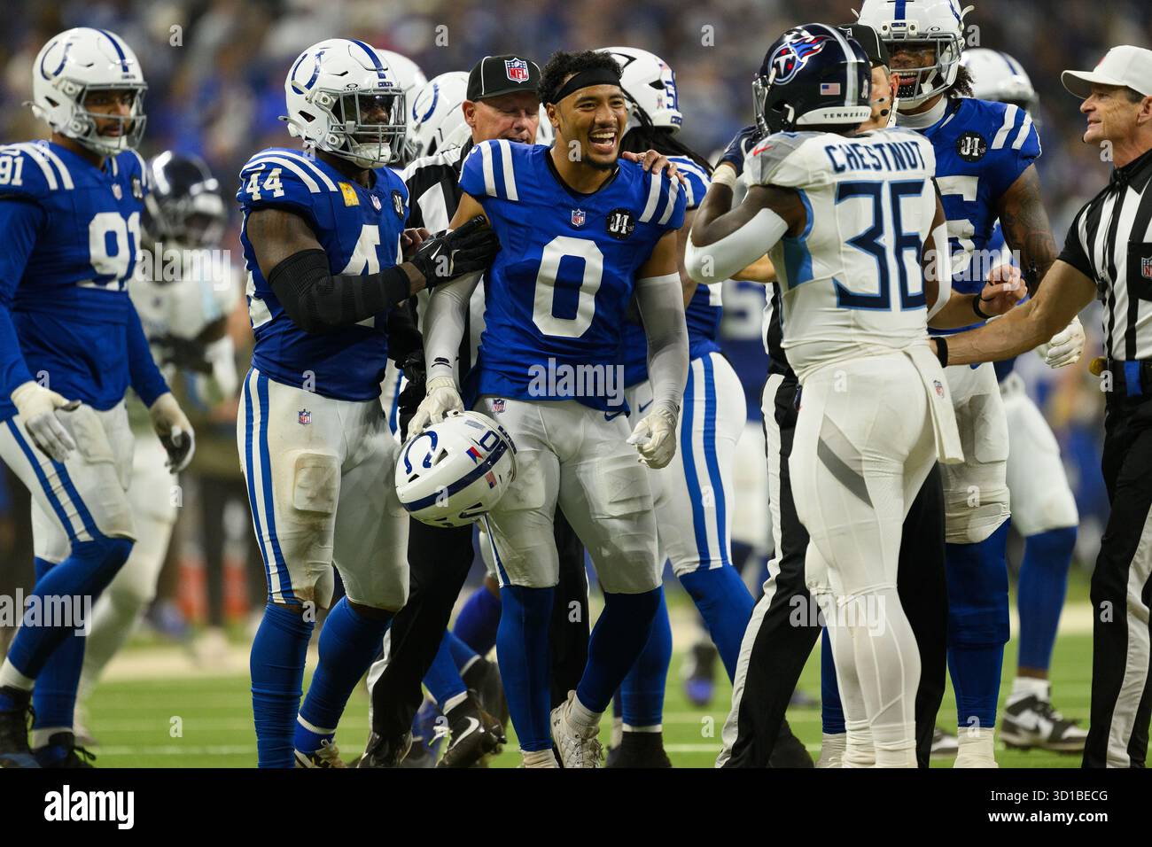Indianapolis Colts safety Cam Bynum (0) yells at Tennessee Titans ...